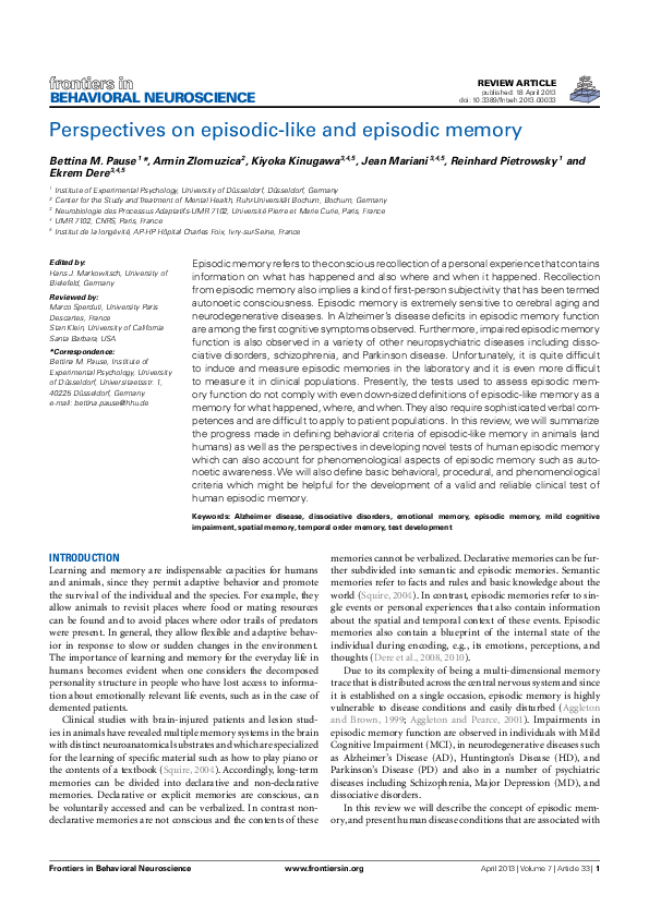Pdf Perspectives On Episodic Like And Episodic Memory