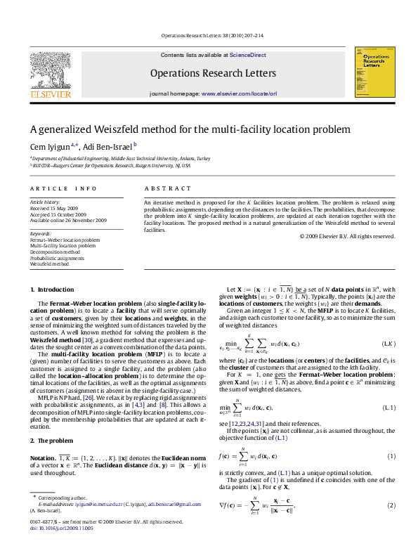 (PDF) A generalized Weiszfeld method for the multi-facility location problem