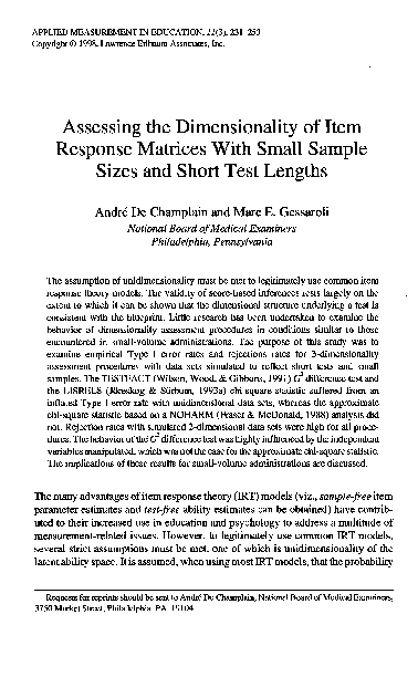 (PDF) Assessing the Dimensionality of Item Response Matrices with Small Sample Sizes and Short ...