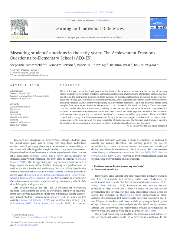 (PDF) Measuring students' emotions in the early years: The Achievement ...