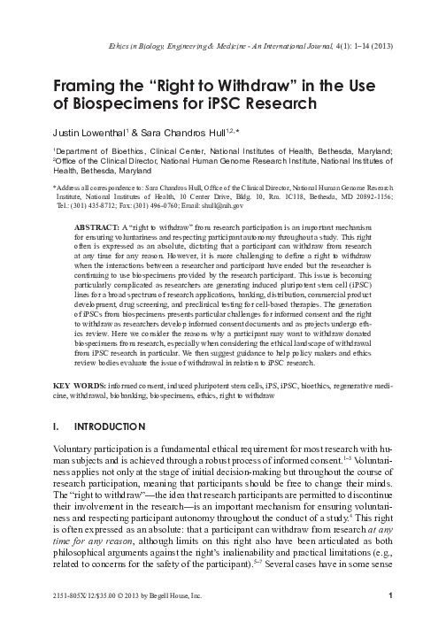 (PDF) Framing the “Right to Withdraw” in the Use of Biospecimens for ...