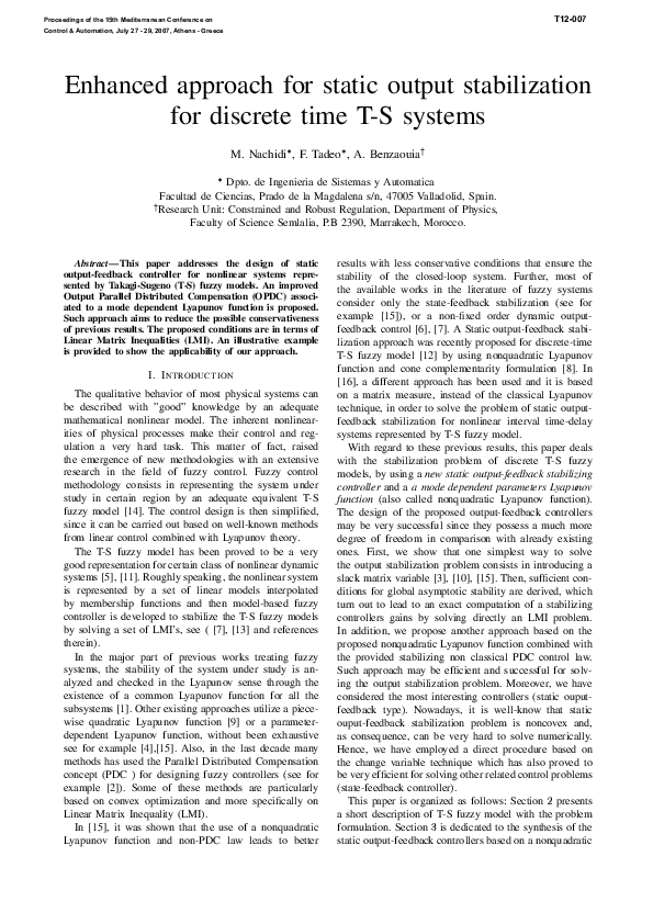 (PDF) Enhanced approach for static output stabilization for discrete time T -S systems