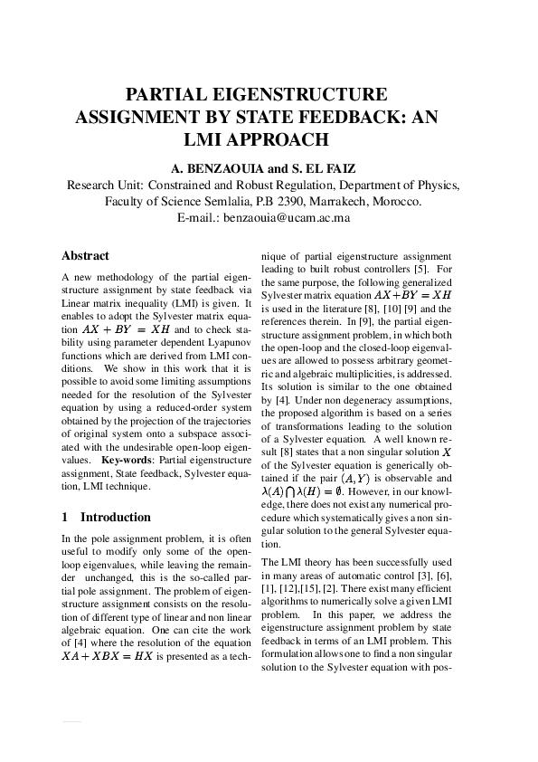 (PDF) PARTIAL EIGENSTRUCTURE ASSIGNMENT BY STATE FEEDBACK: AN LMI APPROACH