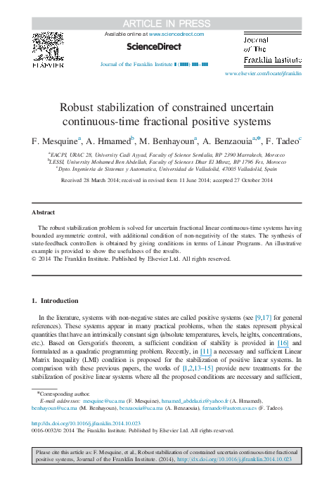 (PDF) Robust stabilization of constrained uncertain continuous-time fractional positive systems