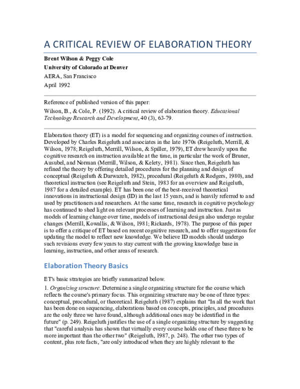 Pdf The Elaboration Theory Of Instruction A Model For Sequencing And Synthesizing Instruction