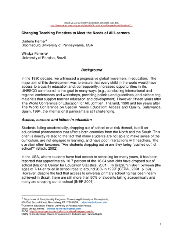 (PDF) Changing Teaching Practices to Meet the Needs of All Learners