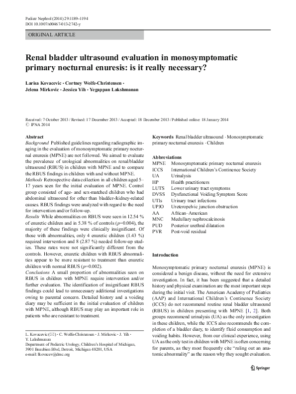 (PDF) Renal bladder ultrasound evaluation in monosymptomatic primary ...