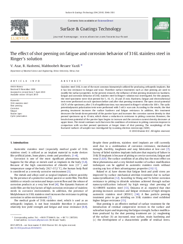 (PDF) The effect of shot peening on fatigue and corrosion behavior of 316L stainless steel in ...
