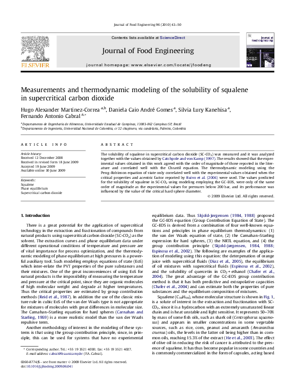 (PDF) Measurements and thermodynamic modeling of the solubility of squalene in supercritical ...