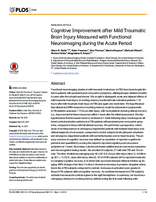 (PDF) Cognitive Improvement after Mild Traumatic Brain Injury Measured with Functional ...