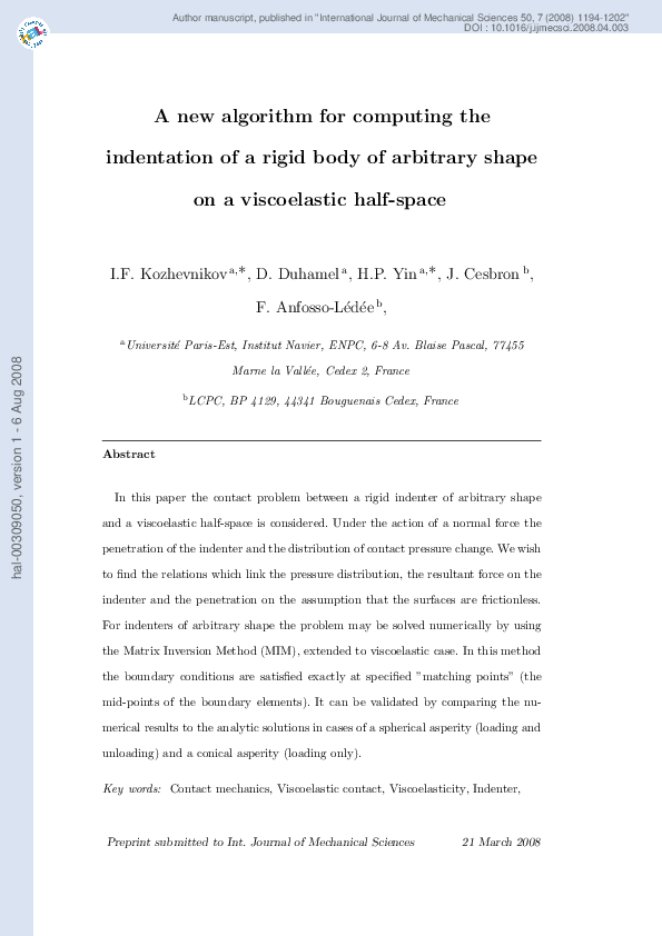 (PDF) A new algorithm for computing the indentation of a rigid body of arbitrary shape on a ...