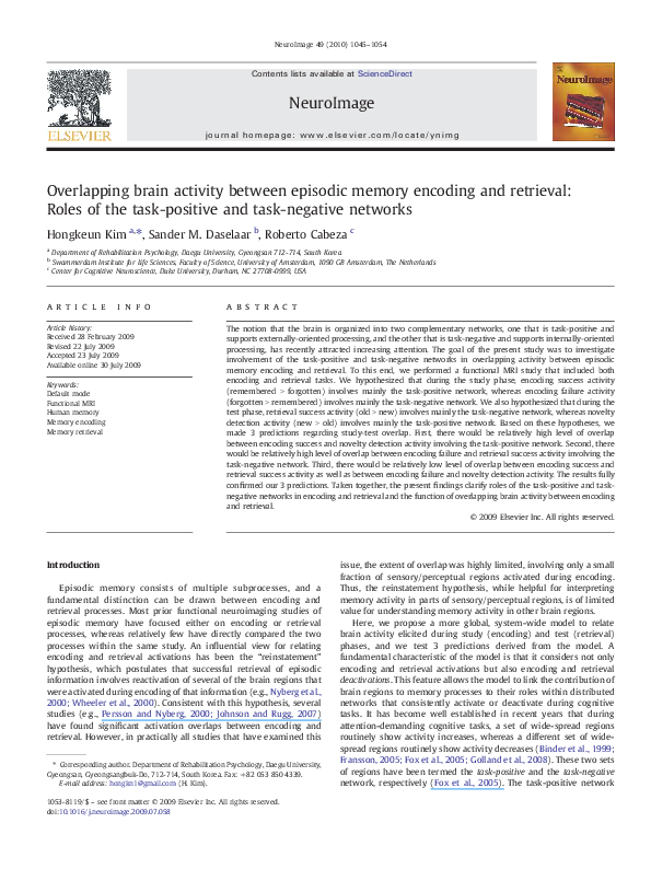 Pdf Overlapping Brain Activity Between Episodic Memory Encoding And Retrieval Roles Of The