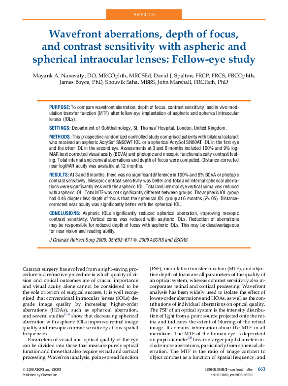 (PDF) Wavefront aberrations, depth of focus, and contrast sensitivity ...