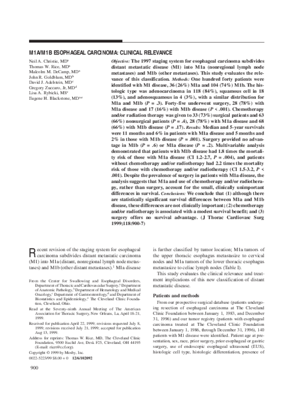 (PDF) M1a/M1b esophageal carcinoma: Clinical relevance
