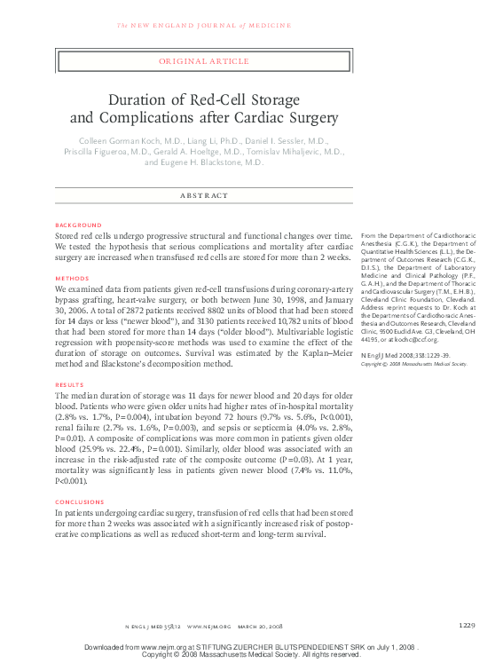 (PDF) Duration of Red-Cell Storage and Complications after Cardiac Surgery