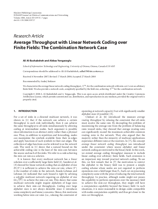 Pdf Average Throughput With Linear Network Coding Over Finite Fields The Combination Network Case