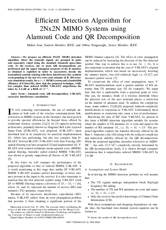 Pdf Efficient Detection Algorithm For 2nx2n Mimo Systems Using Alamouti Code And Qr