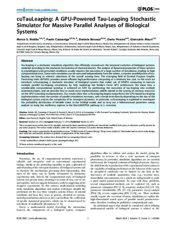 Pdf Cutauleaping A Gpu Powered Tau Leaping Stochastic Simulator For Massive Parallel Analyses