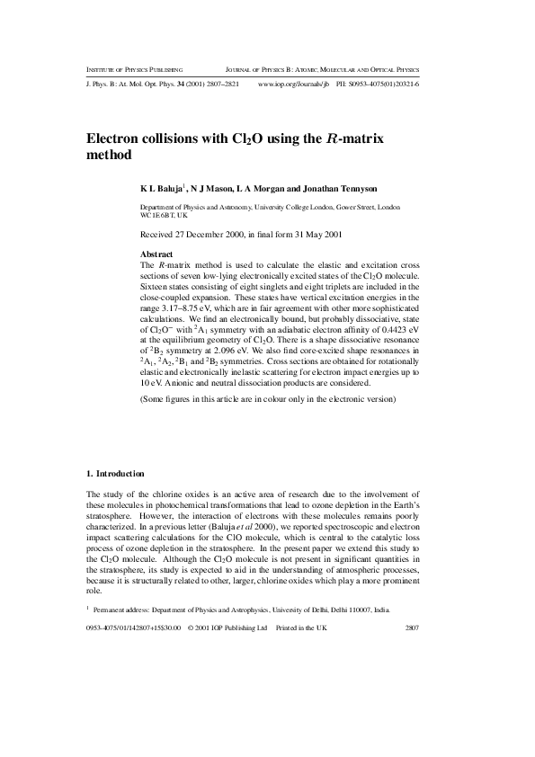 Pdf Electron Collisions With Cl 2 O Using The R Matrix Method