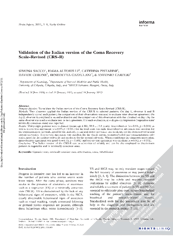 (PDF) Validation of the Italian version of the Coma Recovery Scale ...