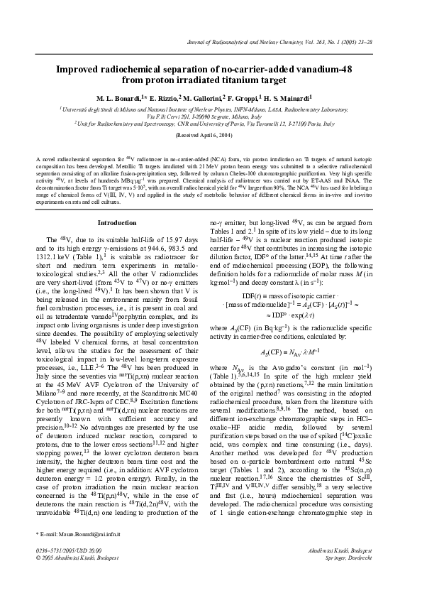 (PDF) Improved radiochemical separation of no-carrier-added vanadium-48 ...