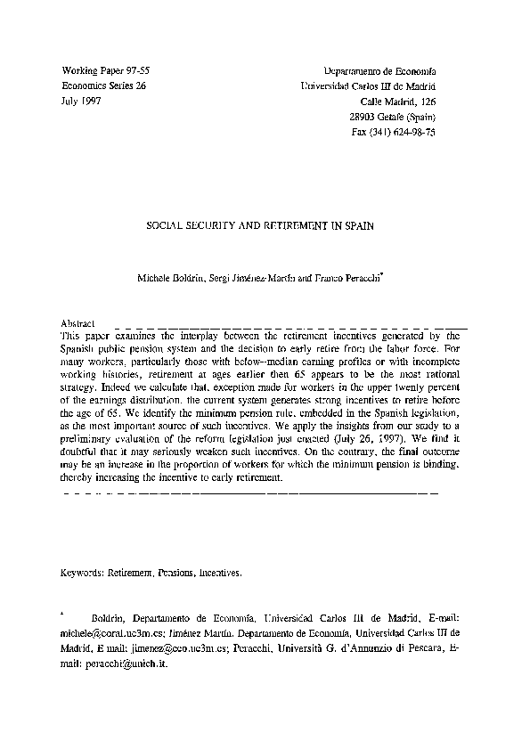 (PDF) Social Security and Retirement in Spain | Franco Peracchi ...