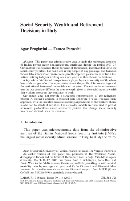(PDF) Social Security Wealth and Retirement Decisions in Italy | Franco ...