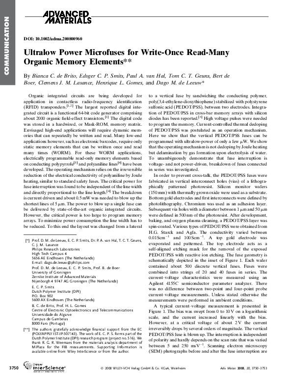 (PDF) Ultralow Power Microfuses for Write-Once Read-Many Organic Memory ...