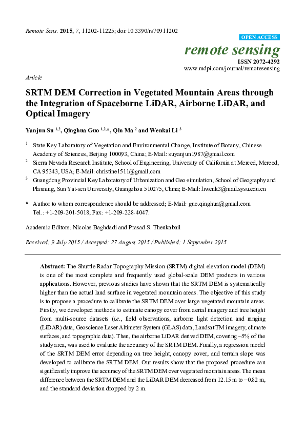 (PDF) SRTM DEM Correction in Vegetated Mountain Areas through the Integration of Spaceborne ...
