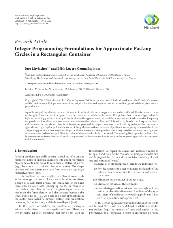 Pdf Integer Programming Formulations For Approximate Packing Circles In A Rectangular Container