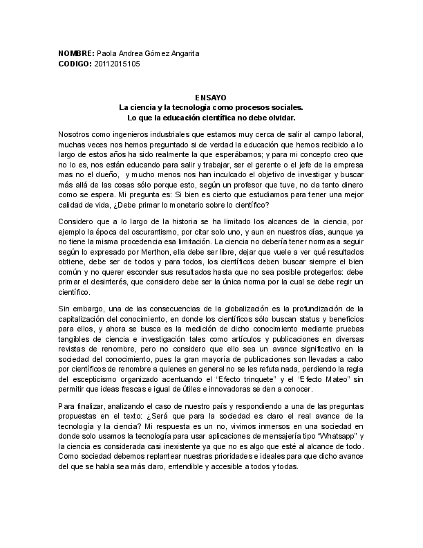 (DOC) Ensayo. La ciencia y la tecnologia como procesos sociales. Lo que ...