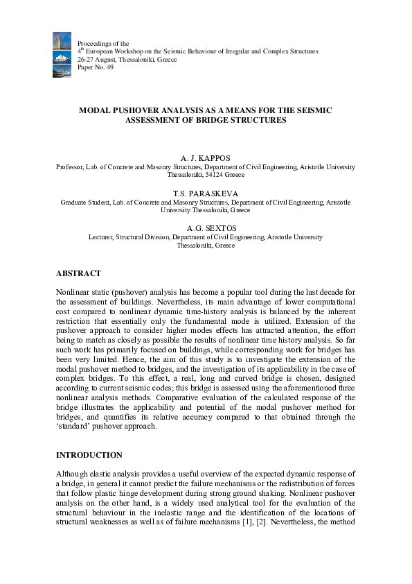 Pdf Modal Pushover Analysis As A Means For The Seismic Assessment Of Bridge Structures