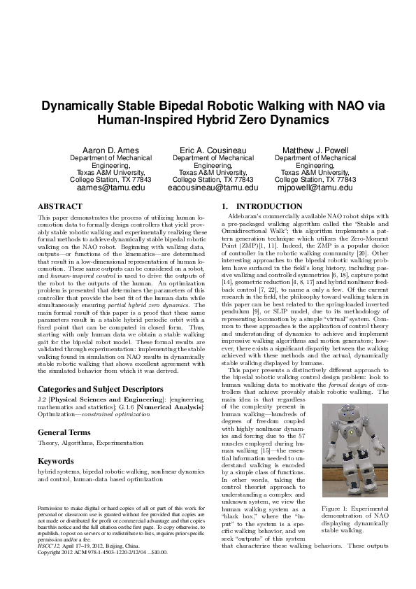 (PDF) Dynamically stable bipedal robotic walking with NAO via human-inspired hybrid zero dynamics