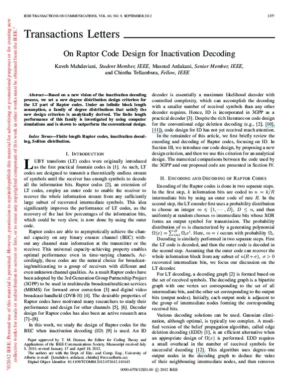 (PDF) On Raptor Code Design for Inactivation Decoding
