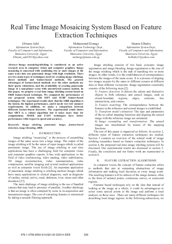 (PDF) Real time image mosaicing system based on feature extraction techniques