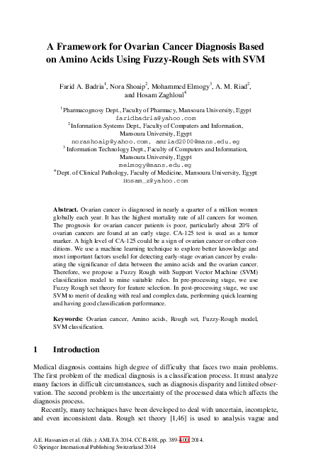 (PDF) A Framework for Ovarian Cancer Diagnosis Based on Amino Acids Using Fuzzy-Rough Sets with SVM