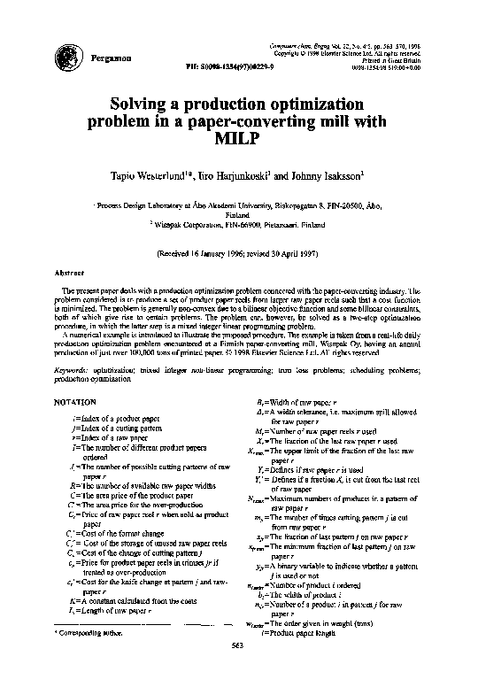 Pdf Solving A Production Optimization Problem In A Paper Converting