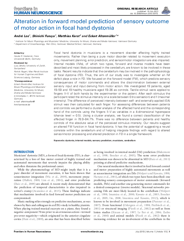 (PDF) Alteration in forward model prediction of sensory outcome of ...