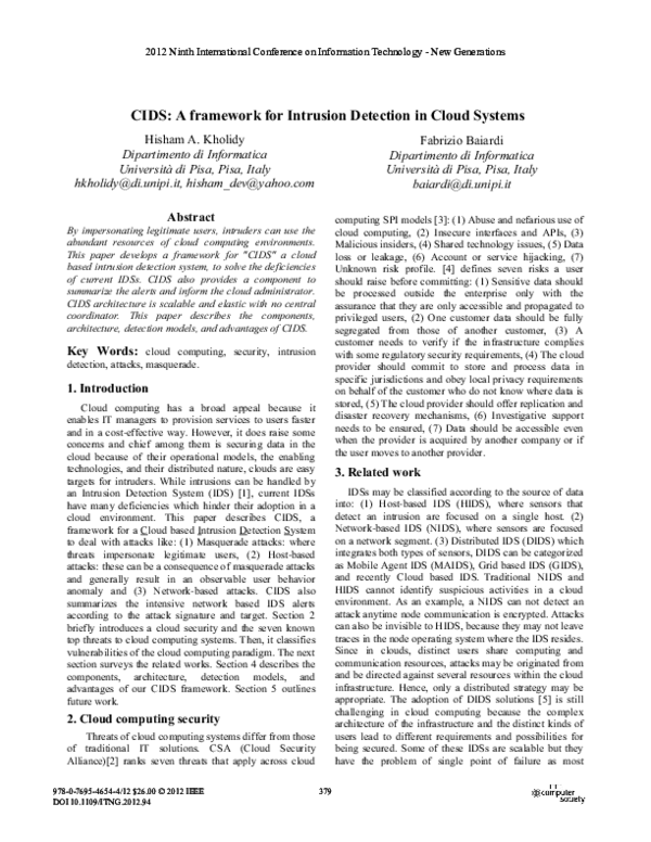 Pdf Cids A Framework For Intrusion Detection In Cloud Systems