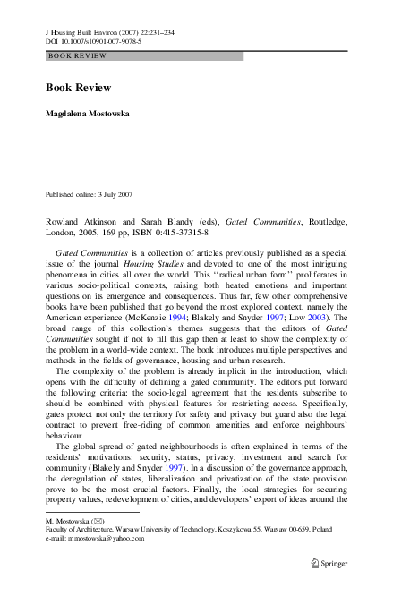 (PDF) Book review. Gated communities edited by Rowland Atkinson and ...