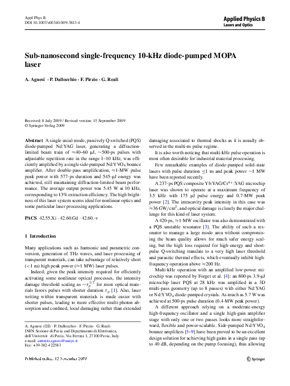 (PDF) Sub-nanosecond single-frequency 10-kHz diode-pumped MOPA laser