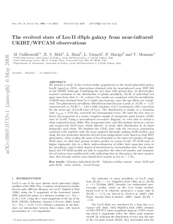 (PDF) The evolved stars of Leo II dSph galaxy from near-infrared UKIRT ...