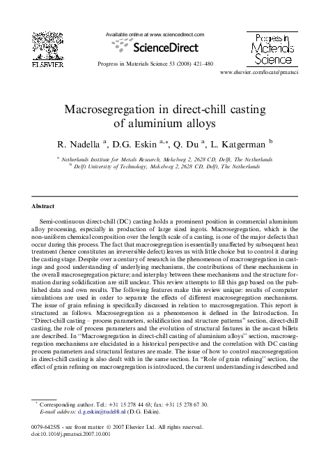 (PDF) Macrosegregation in direct-chill casting of aluminium alloys