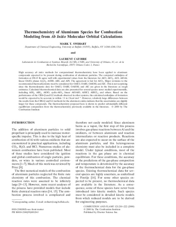 (PDF) Thermochemistry of aluminum species for combustion modeling from Ab Initio molecular ...