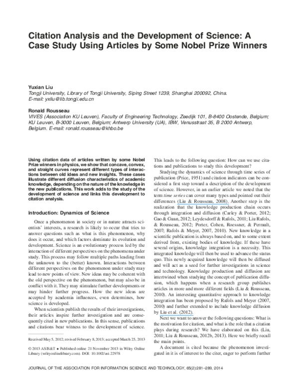 (PDF) Citation analysis and the development of science: A case study ...