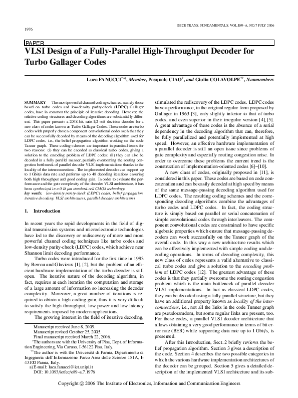 Pdf Vlsi Design Of A Fully Parallel High Throughput Decoder For Turbo Gallager Codes Giulio