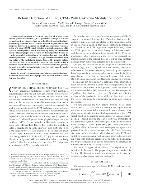 (PDF) Robust Detection of Binary CPMs with Unknown Modulation Index