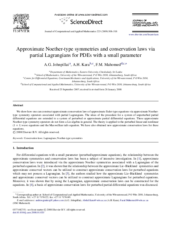 Pdf Approximate Noether Type Symmetries And Conservation Laws Via