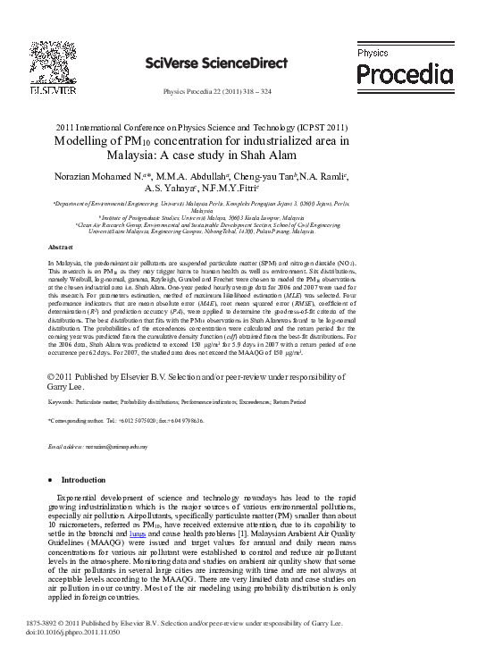 (PDF) Modelling of PM10 concentration for industrialized area in Malaysia: A case study in Shah Alam