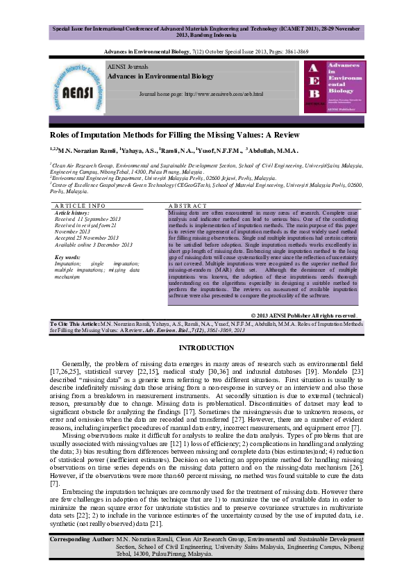 (PDF) Roles of Imputation Methods for Filling the Missing values: A Review